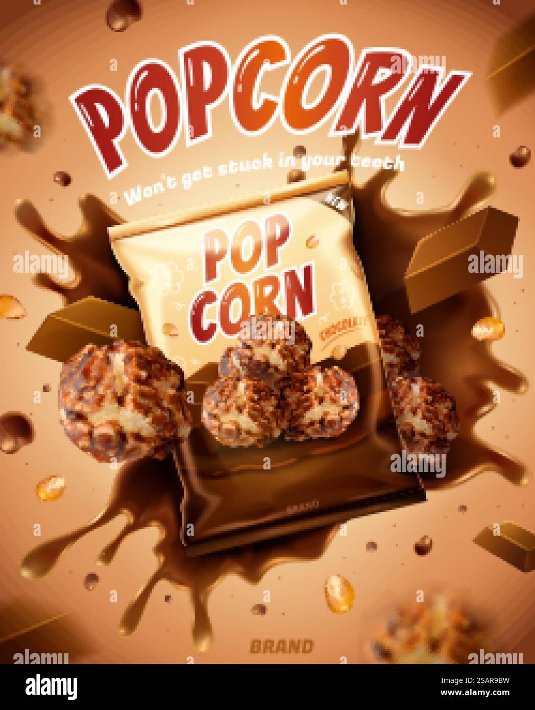 3d chocolate popcorn ad. Illustration of a chocolate popcorn package ...