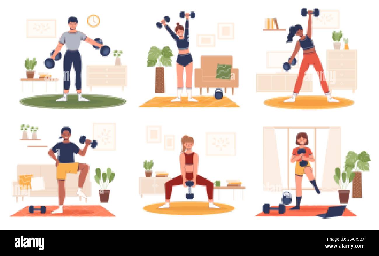 Collection of home gym workout during the covid lockdown. Flat style ...