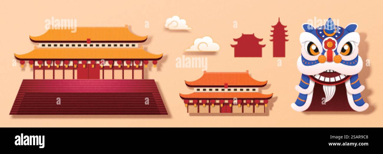 CNY buildings and lion head set Stock Vector Image & Art - Alamy