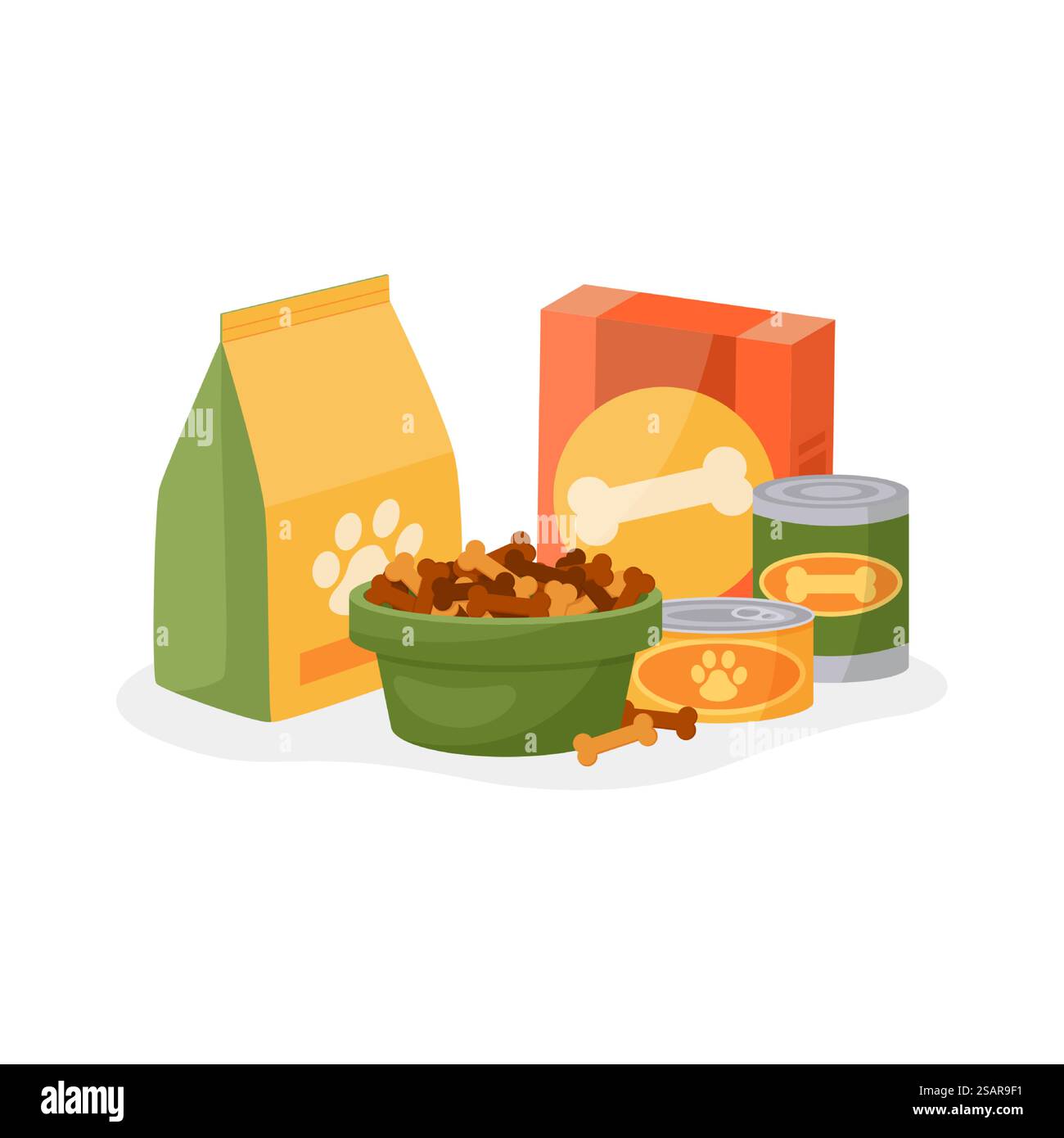 Cartoon pet food. Cat and dog dry feed packaging with bow. Home animal ...