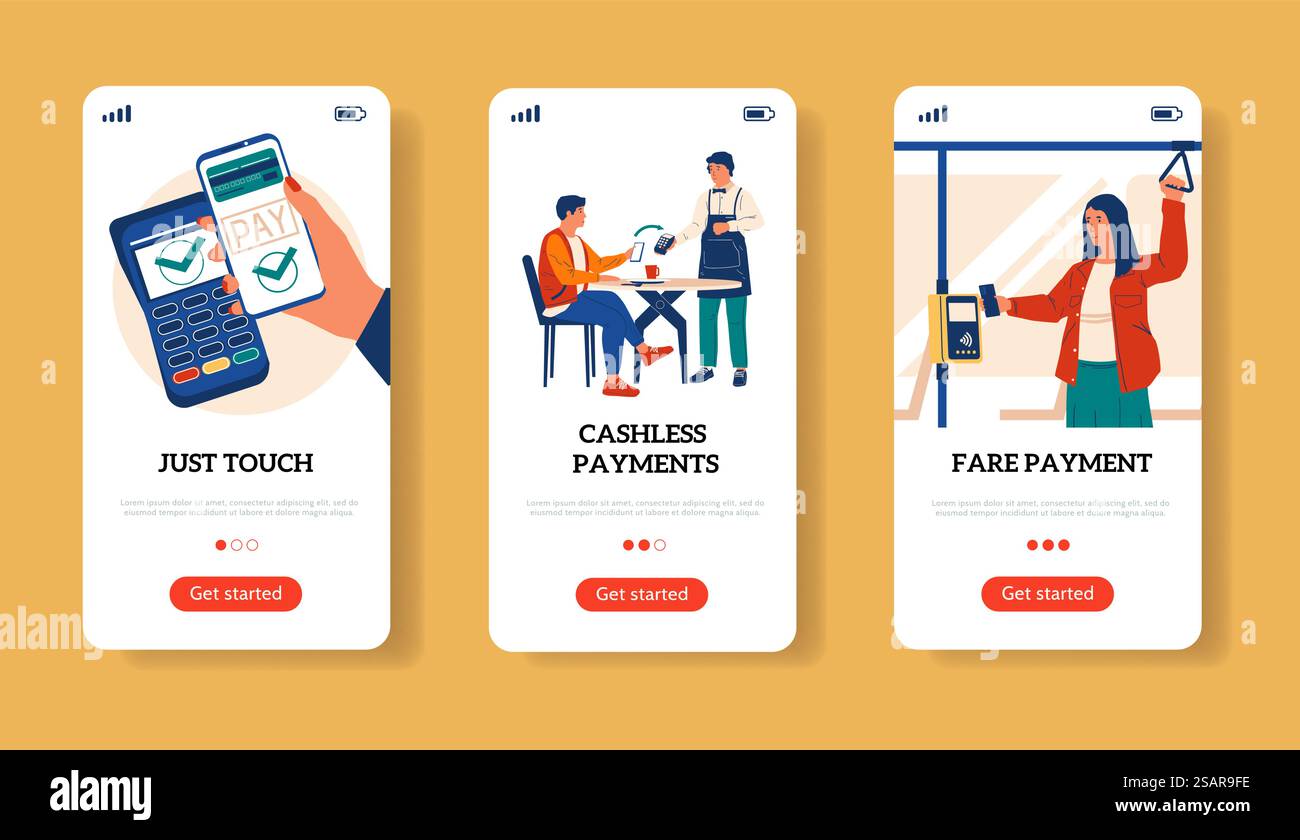 Online payment with phone screens. Money transfer. Cashless pay for purchases and travel in ...