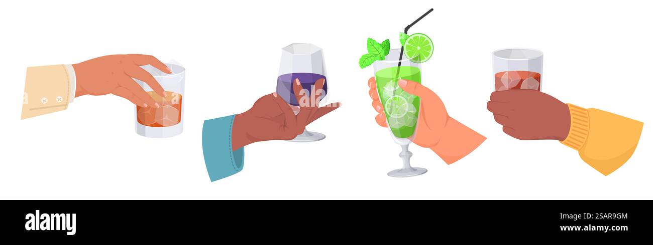 Human hands holding alcohol cocktail and drinks isolated vector ...