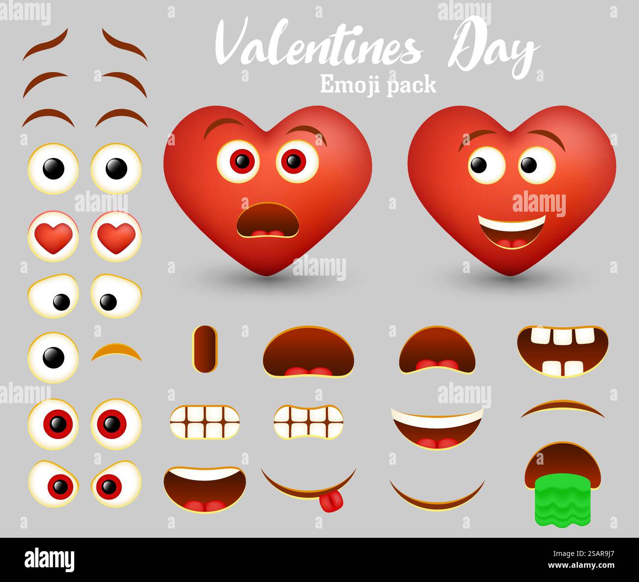 Red heart emoticon character maker, smiley creator. Vector set of ...