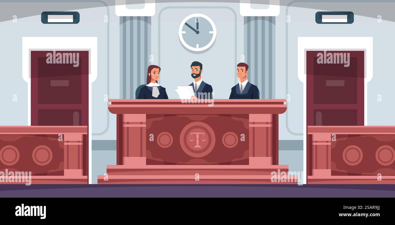 Court. Cartoon courtroom interior with judges sitting at work desk in ...