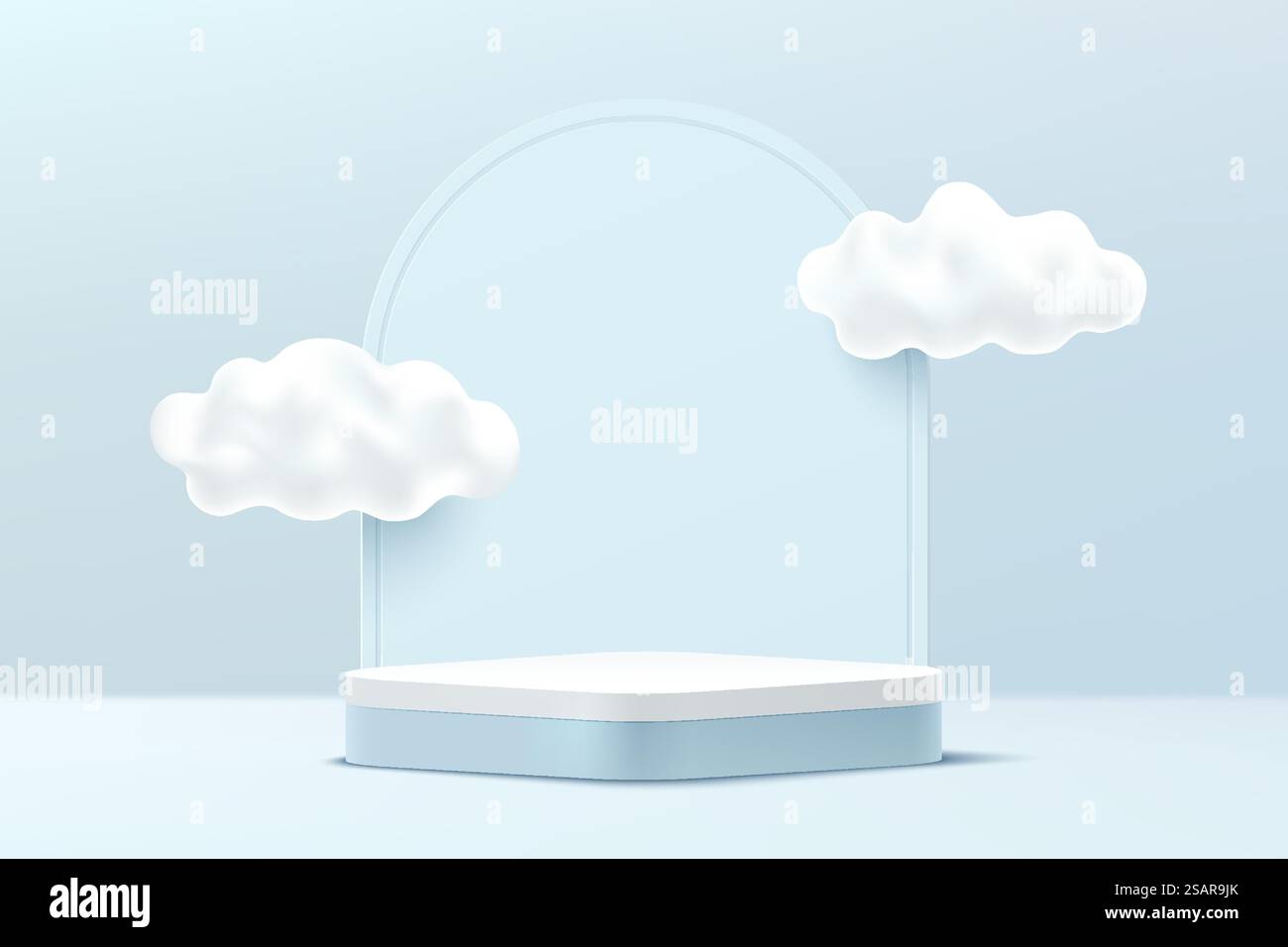 Abstract 3D light blue and white round corner pedestal podium with ...