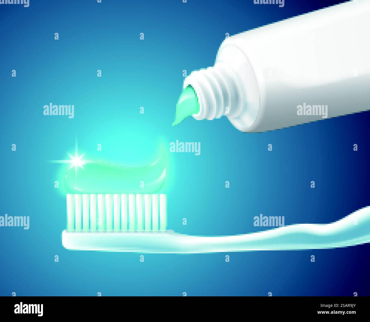 Squeezed toothpaste on toothbrush over blue background in 3d illustration. Squeezed toothpaste ...