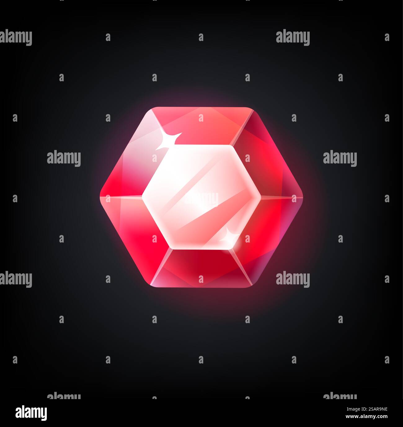 Red gem. Cartoon jewelry for game achievement. Top view of faceted ruby ...