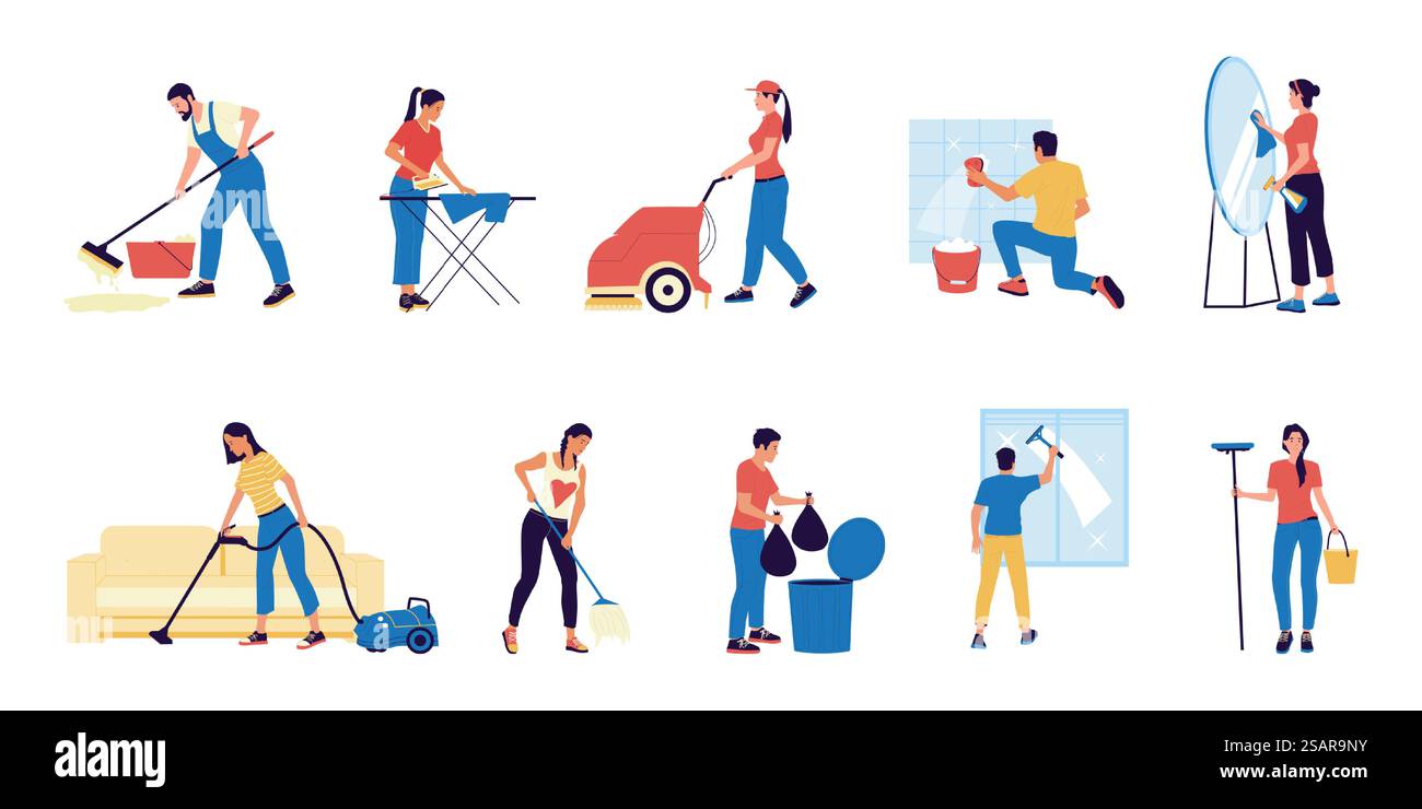 Housekeeper. Cartoon characters with mops and buckets washing floor or ...