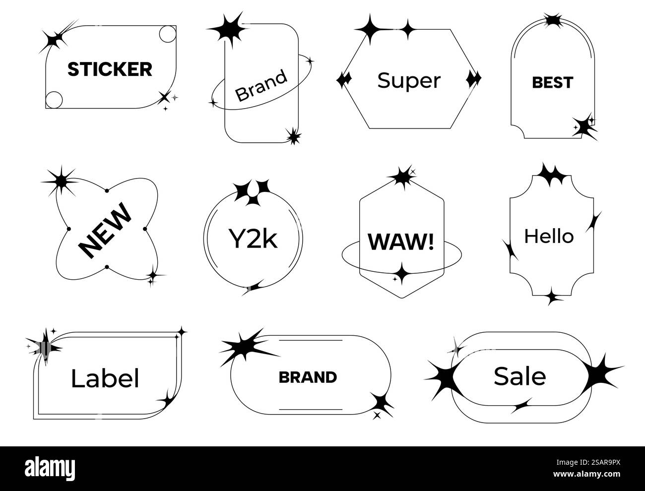 Y2k line labels. Outline linear stickers with vintage retro 70s 80s ...