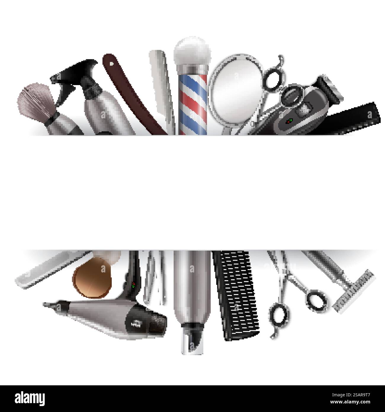Barbershop frame, vector illustration. Realistic mirror, scissors, comb ...