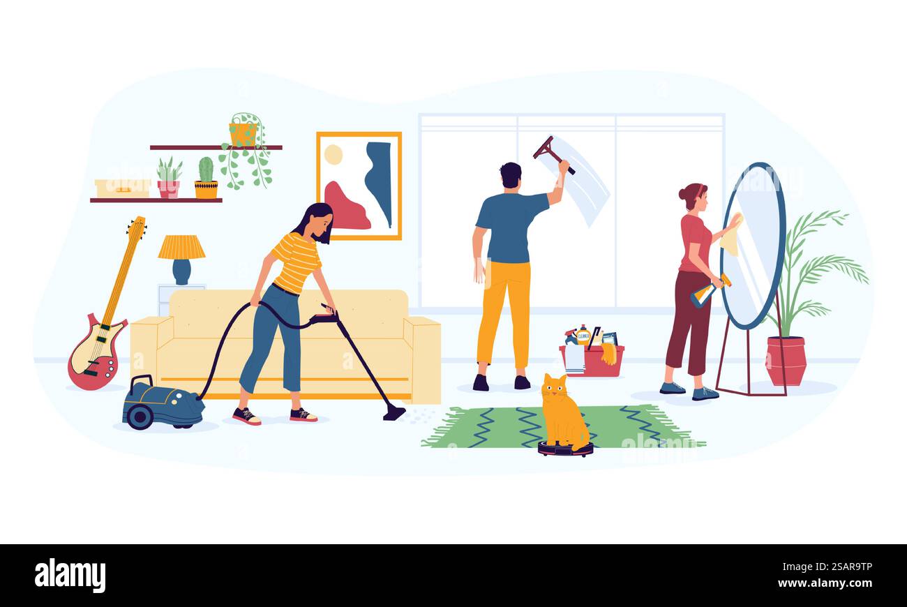 House cleaning. Housekeeping work. Cartoon woman vacuuming carpet at ...