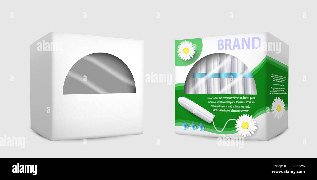 Realistic white blank and with label feminine hygiene tampons with ...