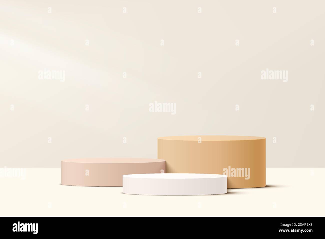 Abstract Realistic 3d White Cream And Beige Steps Cylinder Pedestal Podium Set With Pastel