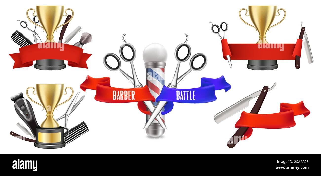 Barber competition logo, emblem set with gold trophy award, hairdresser ...