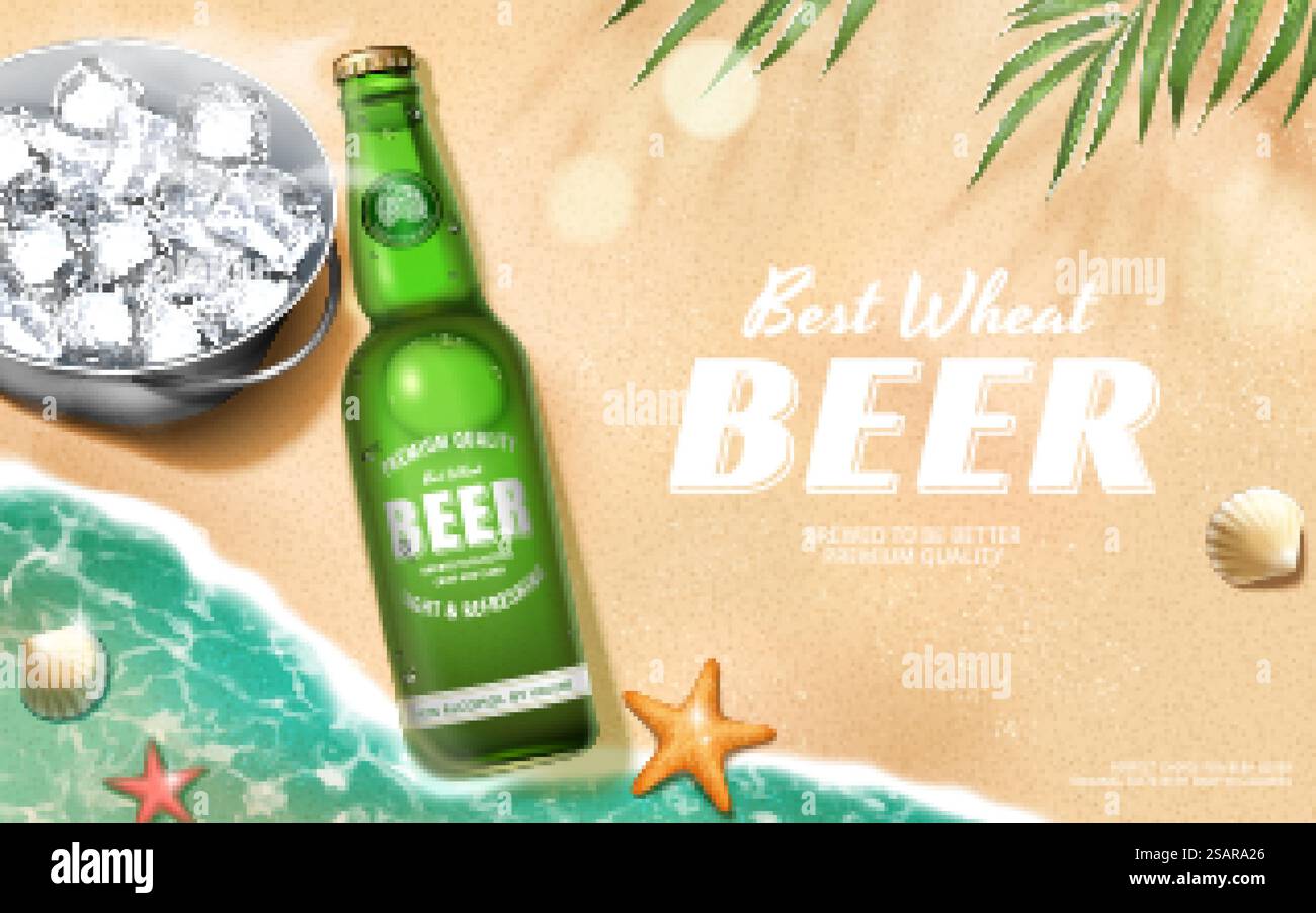 3d wheat beer ad banner. Illustration of beer glass bottle lying on ...