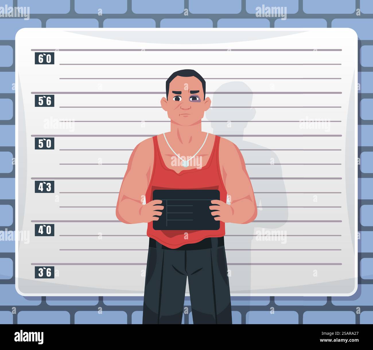 Mugshot. Cartoon arrested male criminal suspect holding board with name ...