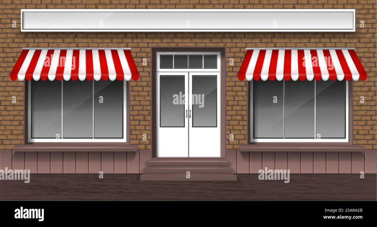 Cafe, bakery or shop facade with entrance door and glass windows with ...