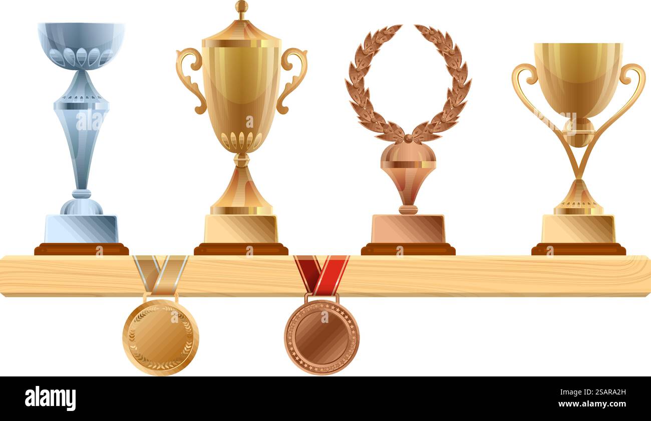 Award shelf. Trophy cups and medals. Competition reward isolated on ...