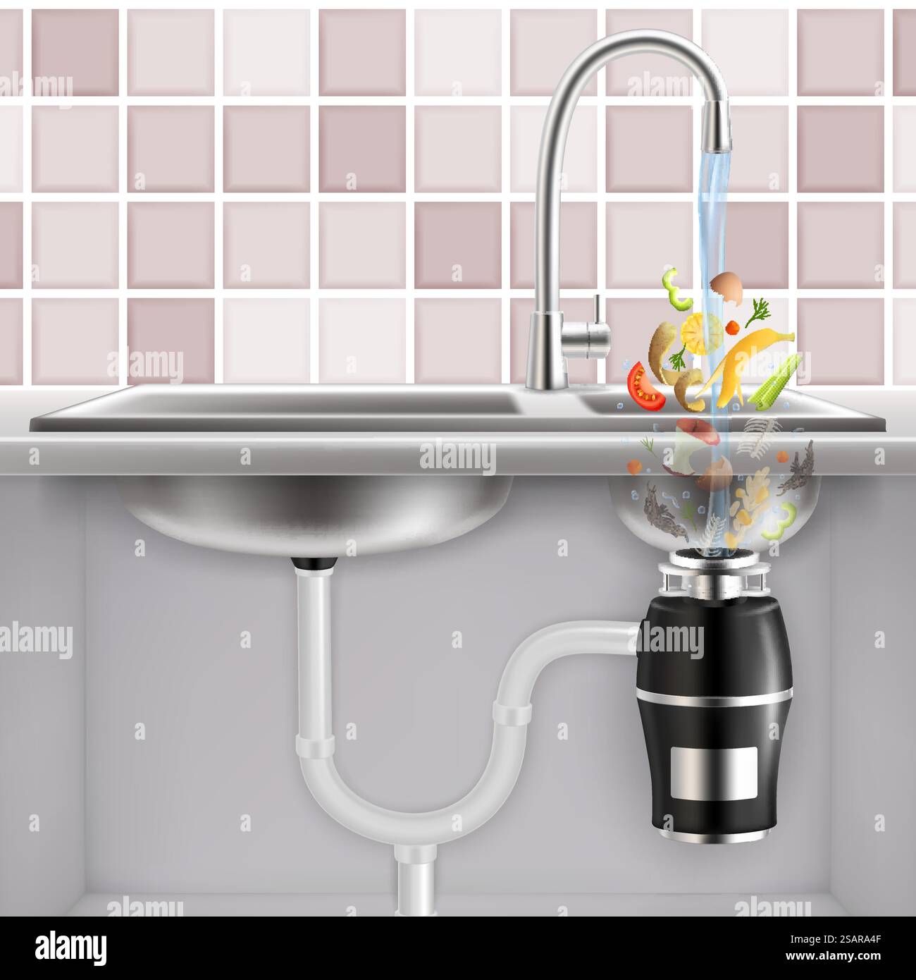 Food waste disposer fitted under kitchen sink with slices of fruits ...