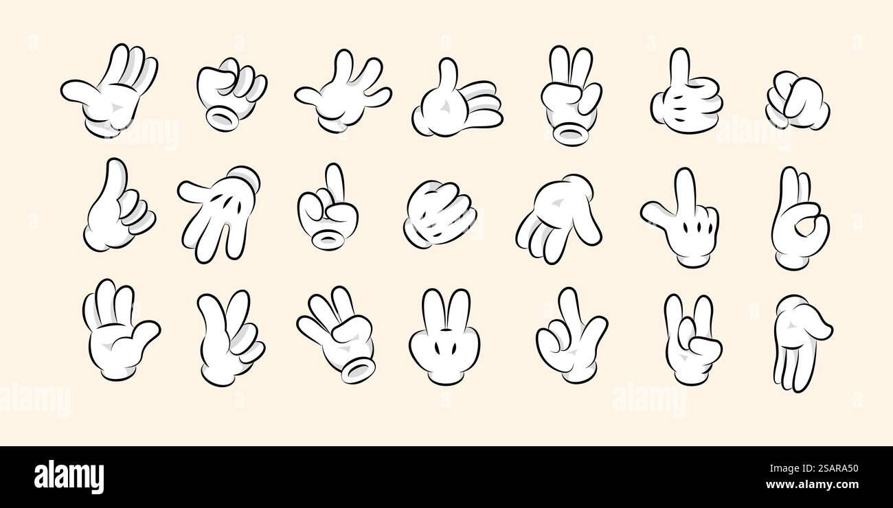 Cartoon white gloves. Hand comic gestures and signals, retro cartoon ...