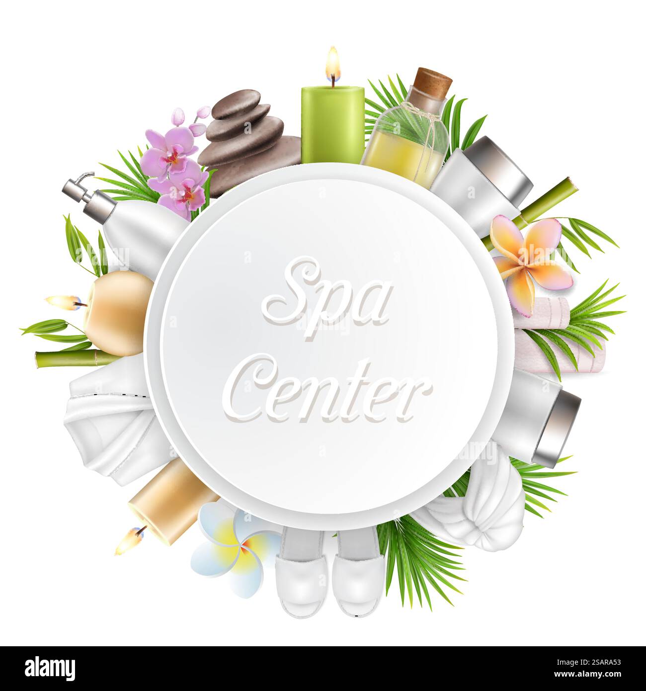 Spa salon round frame, vector illustration. Spa center card, label ...