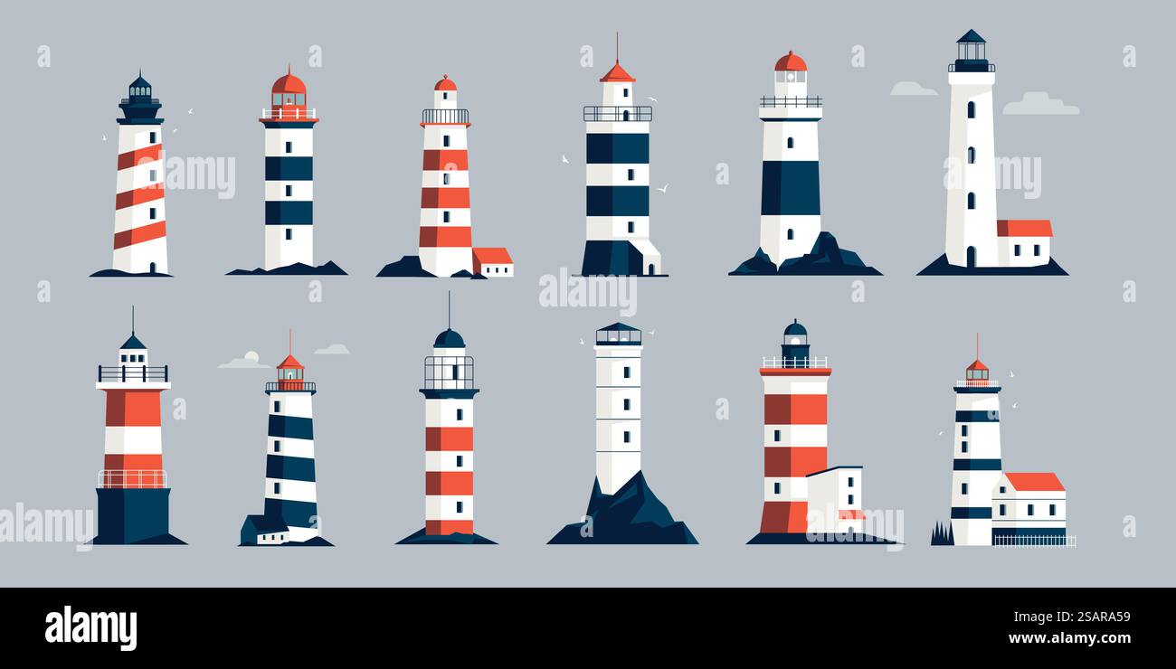 Lighthouses collection. Cartoon nautical navigation light tower ...