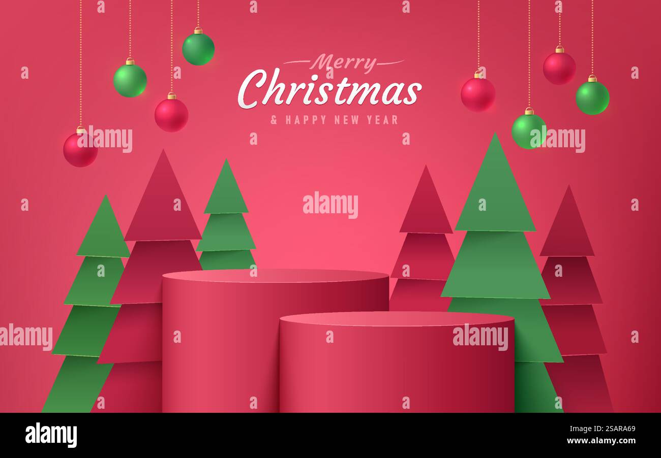 Abstract realistic 3D red cylinder stand podium set with modern green ...