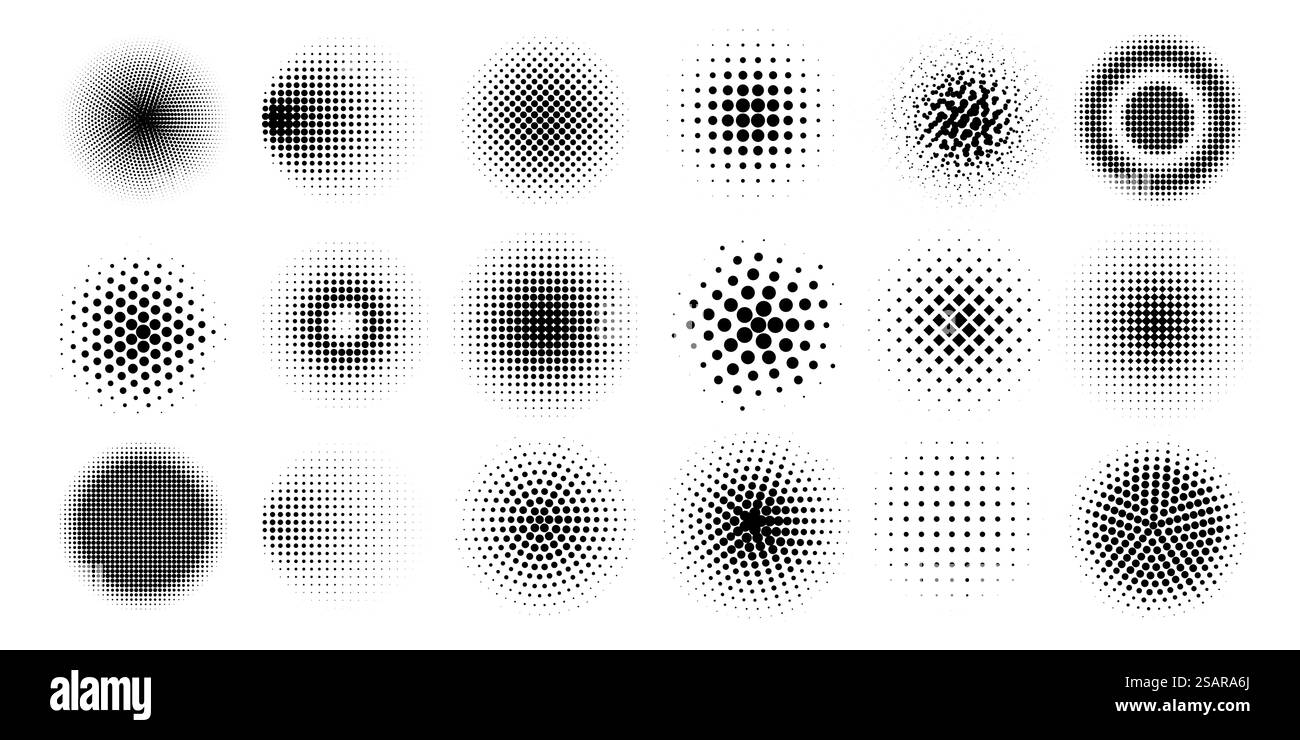Halftone circles. Abstract comic pop art graphic elements. Dots shapes ...