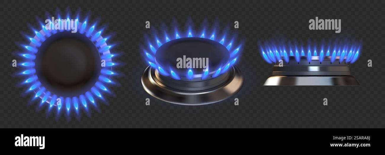 Gas burner. Realistic blue fire stove. Household kitchen appliance ...
