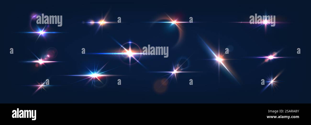 Flash. Realistic flares. Glowing effects. Photography camera light or sunlight reflection from ...