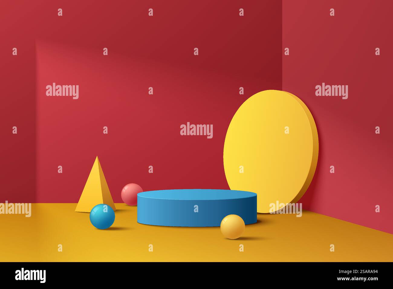 Abstract 3D room with realistic blue, yellow and red geometric pedestal ...