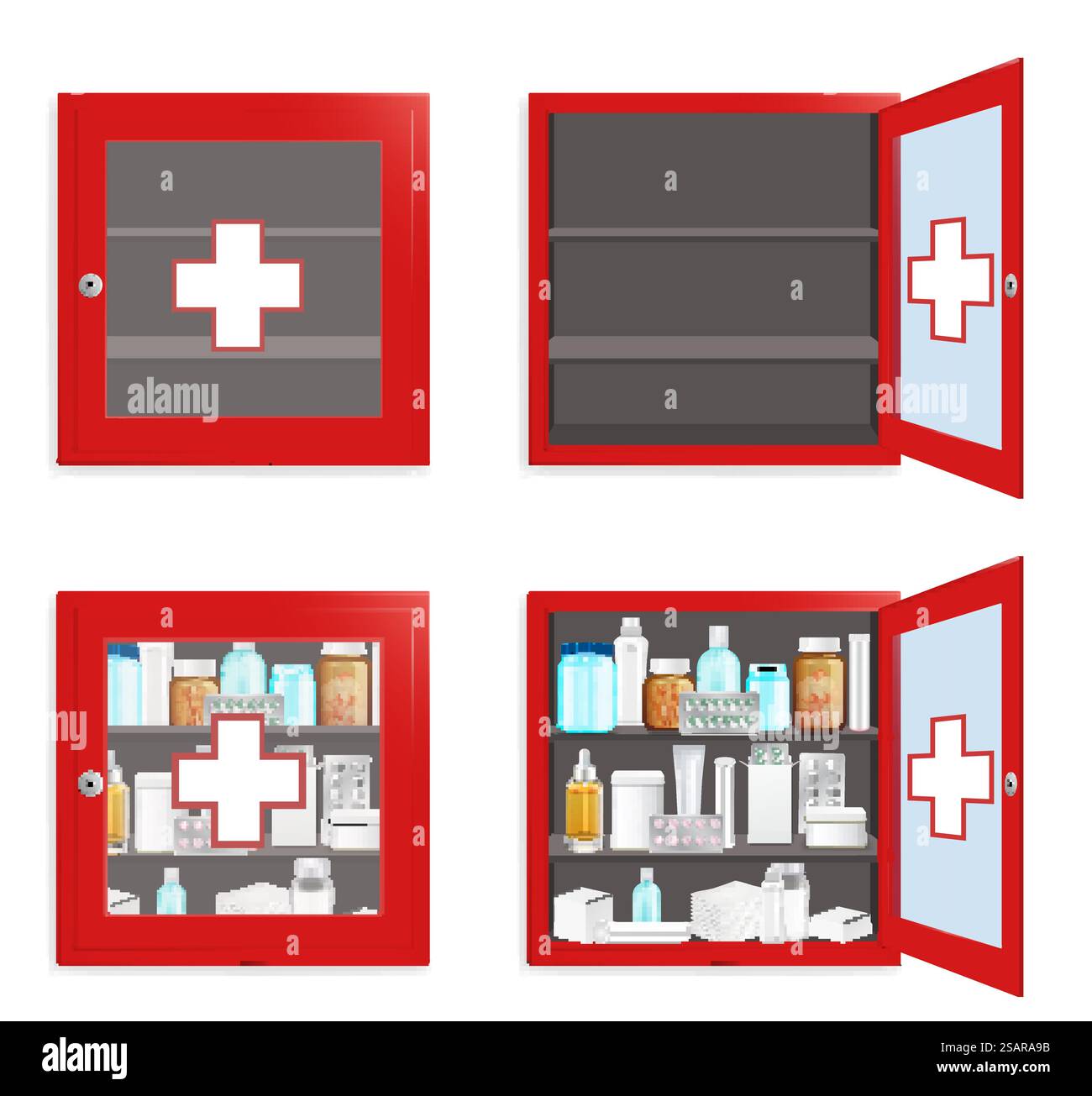 Medical wall box set, vector flat isolated illustration. Red medicine ...