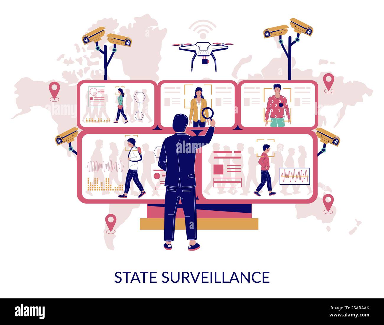 Individuals under government surveillance, vector flat illustration ...