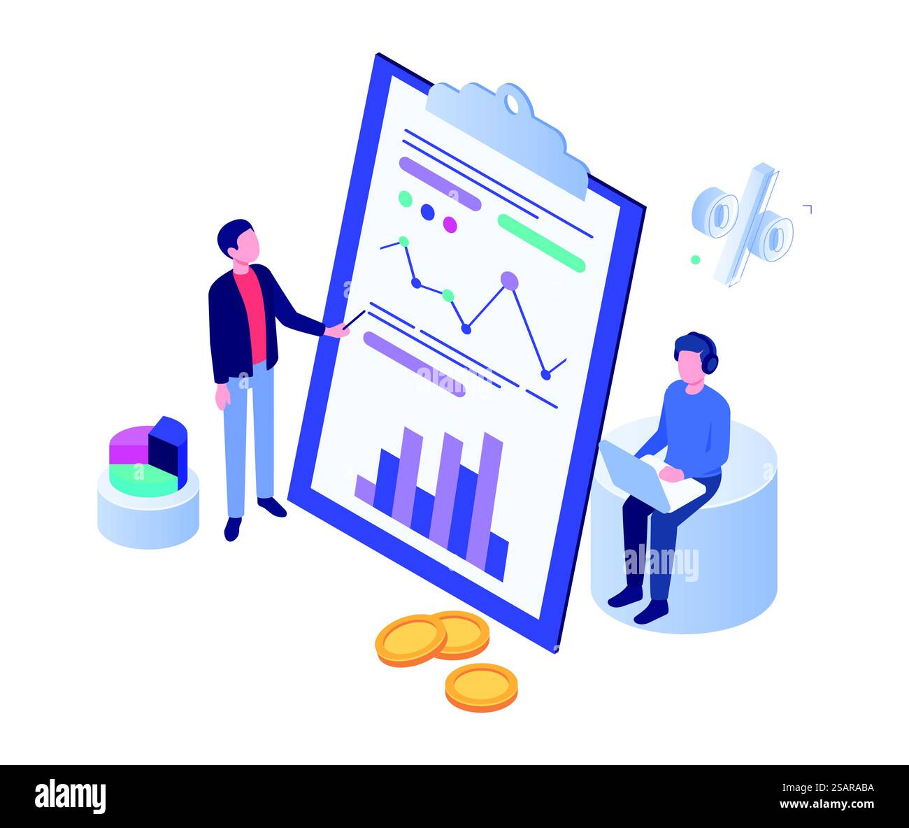 Isometric business analysis with chart and graphics. Vector of business ...