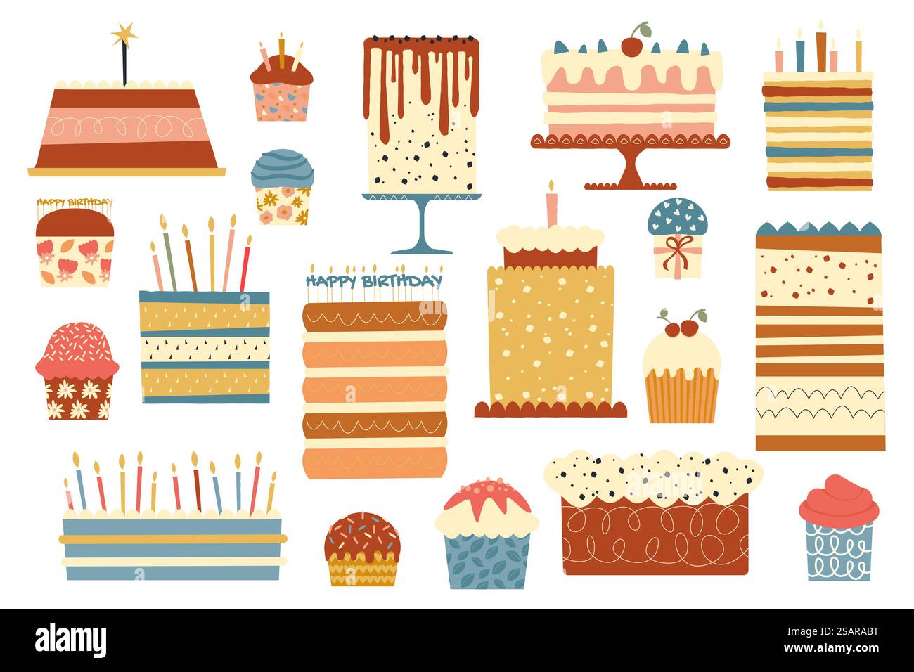 Birthday desserts. Cartoon sweet baked cake with cream and fruits ...