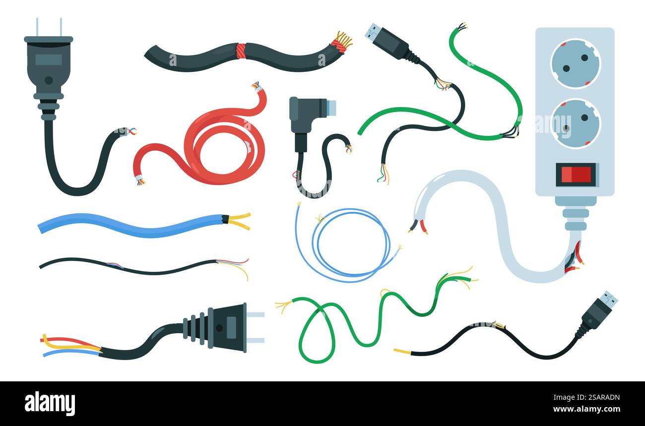 Damaged electric cables. Electric wiring circuit with broken insulation, energy conductor and ...
