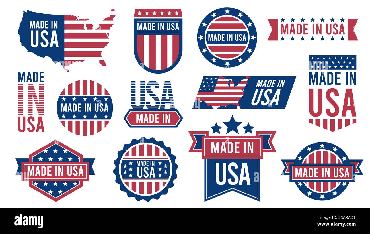 Made in USA badges. American national flag label with text and seal ...