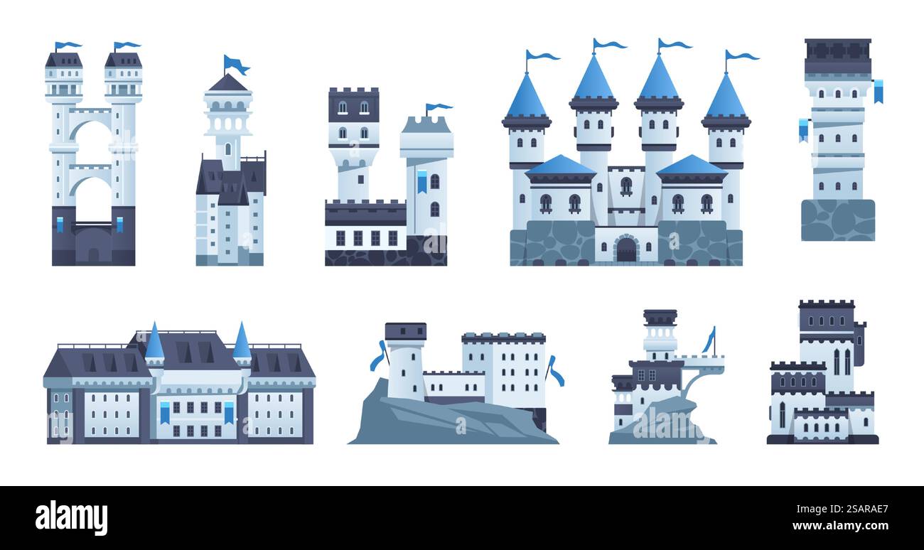 Castle. Cartoon medieval palace or fort with towers and flags. Ancient stone fairy architecture ...