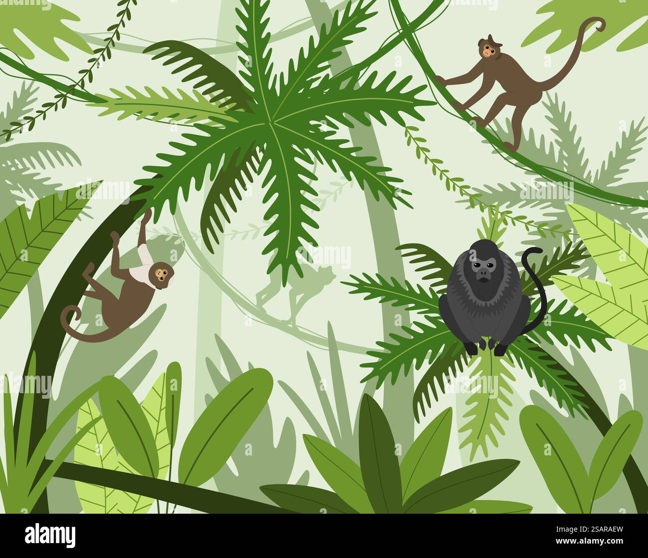 Monkeys in jungle. Cartoon apes climbing trees in green rainforest ...