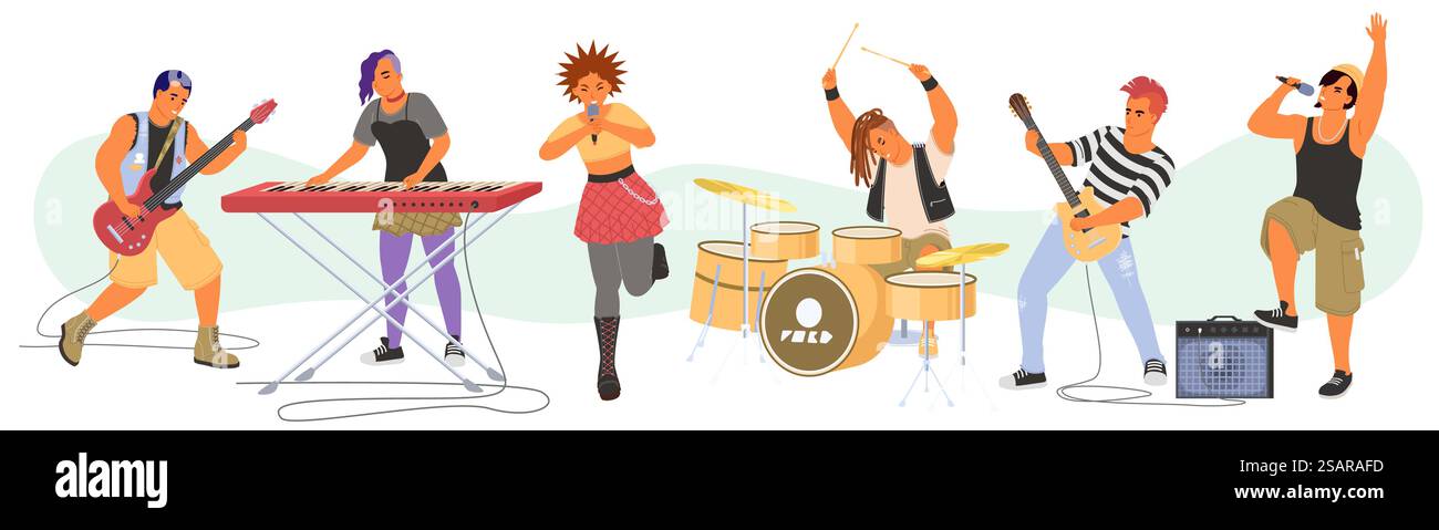 Punk rock band male and female characters playing music instrument and ...