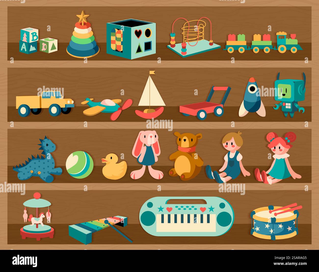 Toys on shelves. Cartoon wooden rack with dolls and kids musical ...