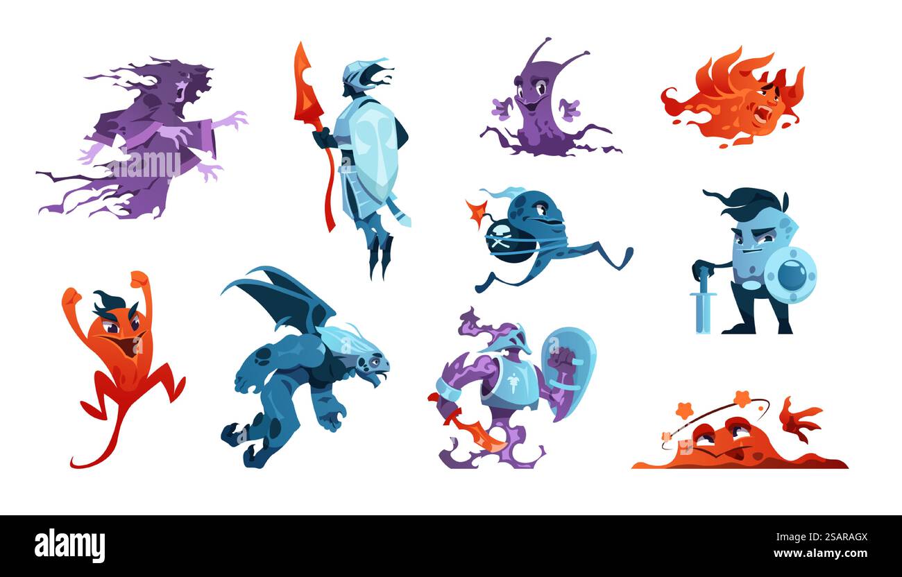 Cartoon game monsters. Cute alien creatures and mascot characters. Boss ...