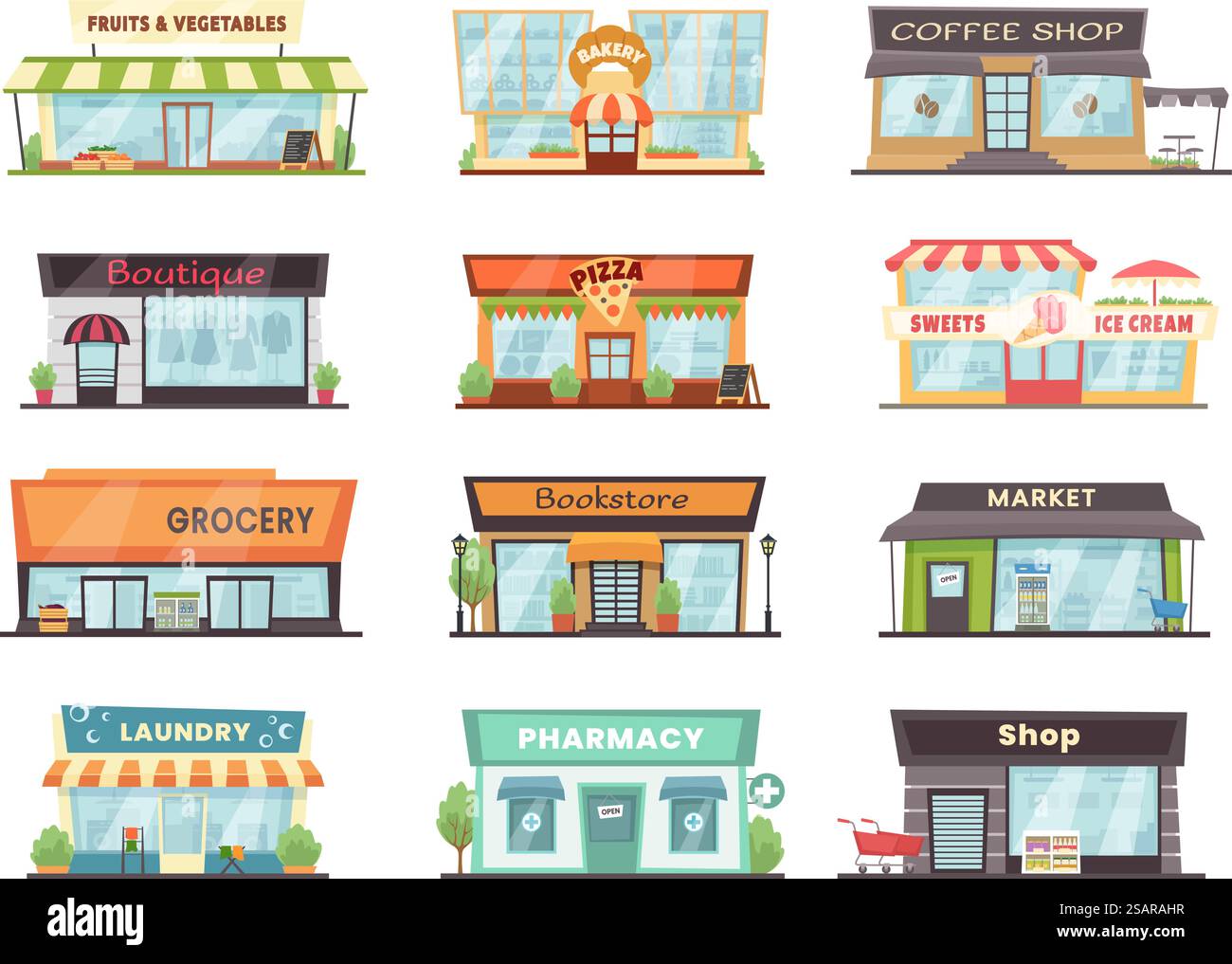 Store buildings. Local restaurant, shop and business building exterior ...