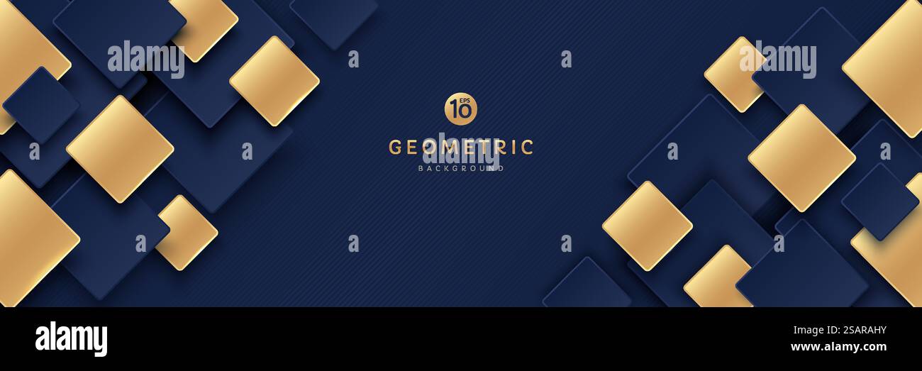 Modern dark blue and golden color square overlap pattern on dark background with shadow ...