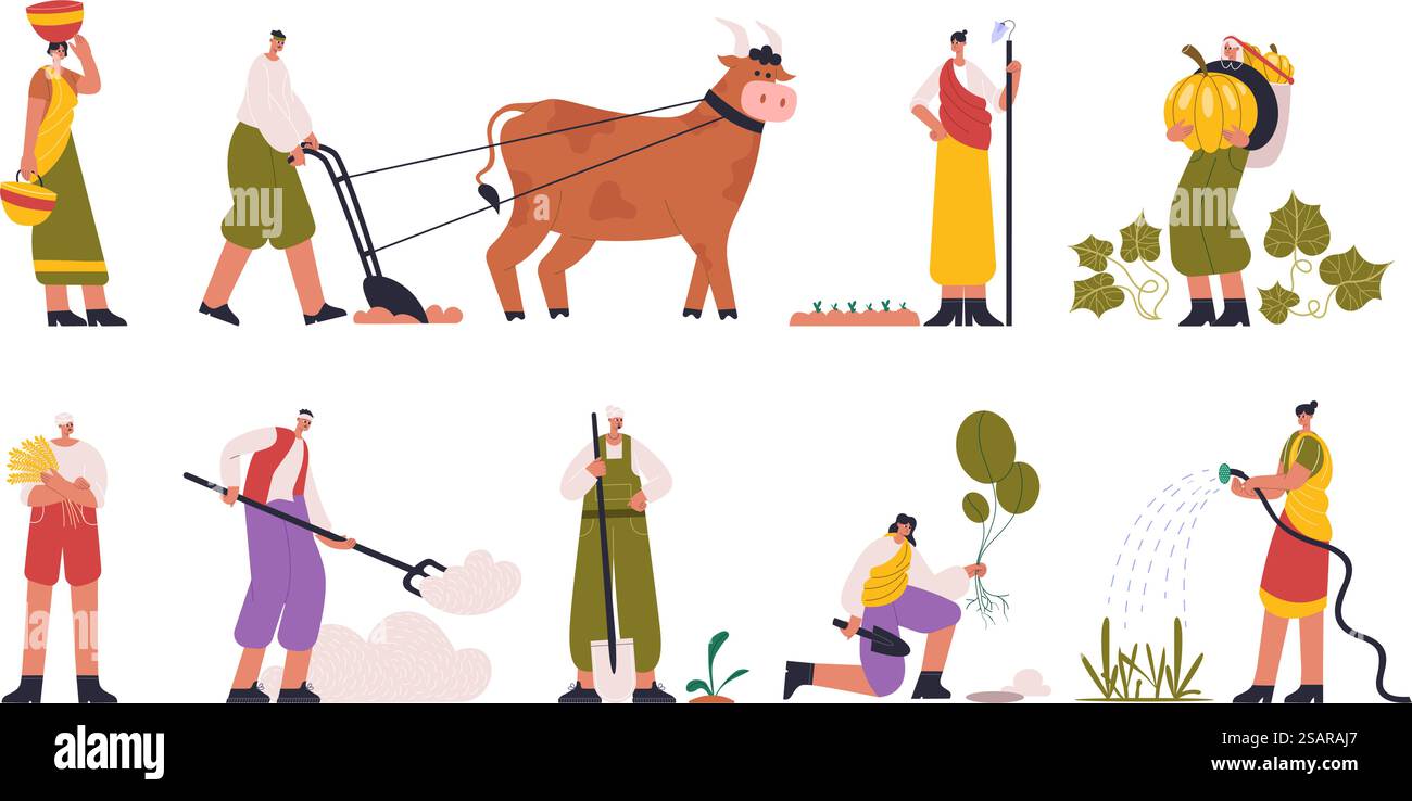 Indian farmers, rural farm characters planting and harvesting. Farmers in traditional clothes ...