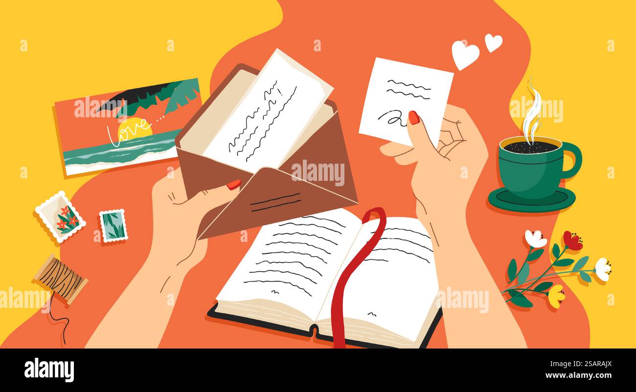 Write letter. Cartoon hands holding opened paper mail. Envelope with ...