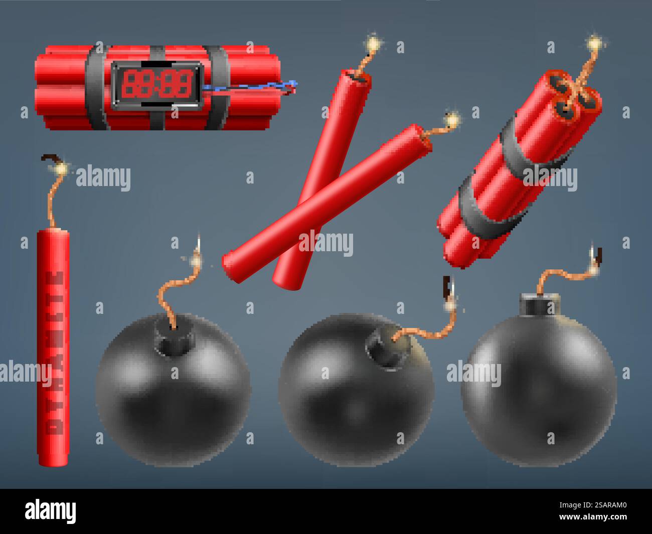 Realistic bombs, burning dynamite bomb sticks and explosive ...