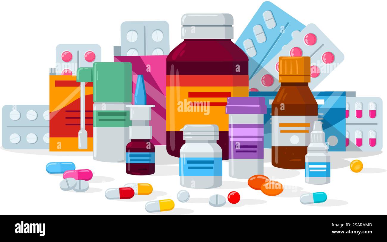 Cartoon medications, pill, drug and throat spray. Medicine bottles ...