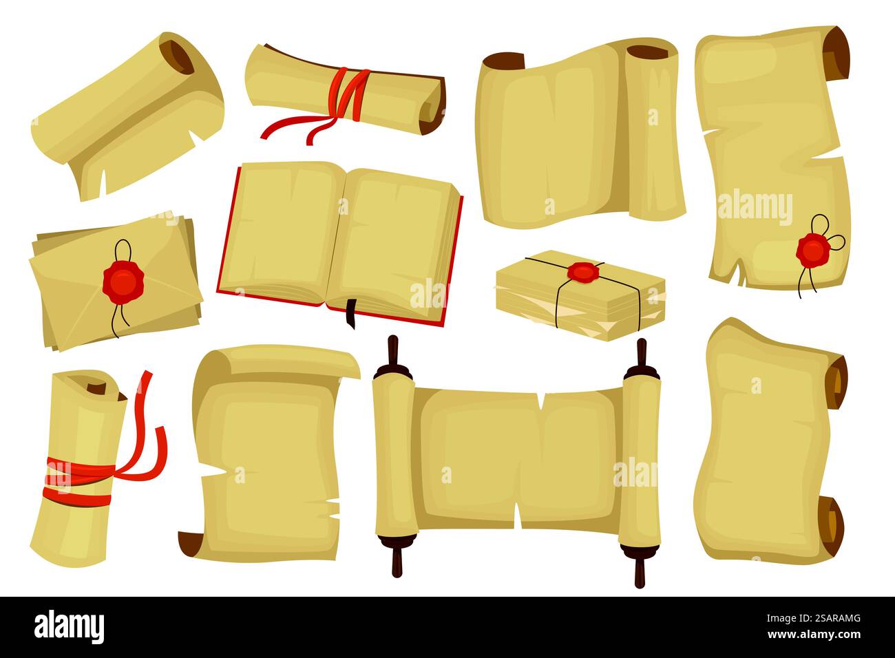 Papyrus scroll set. Old paper roll with ancient manuscript text, vintage parchment certificate ...