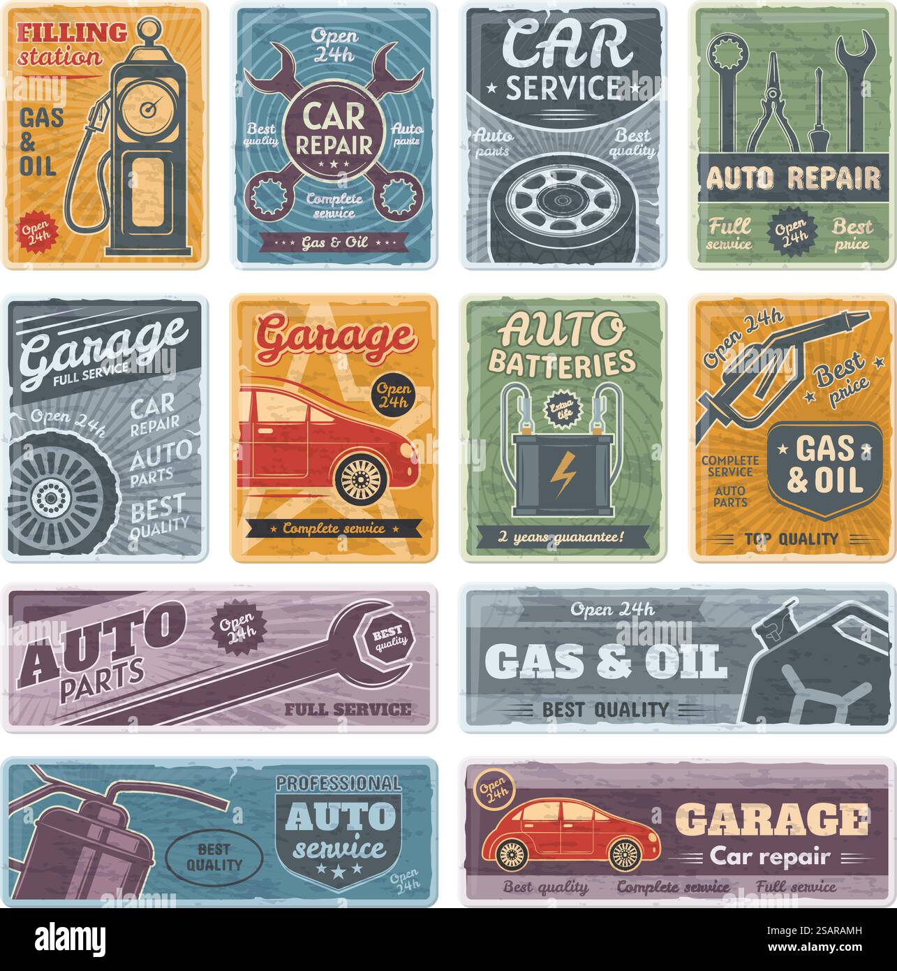 Retro car metal signs, garage, fuel, auto service posters. Gasoline ...